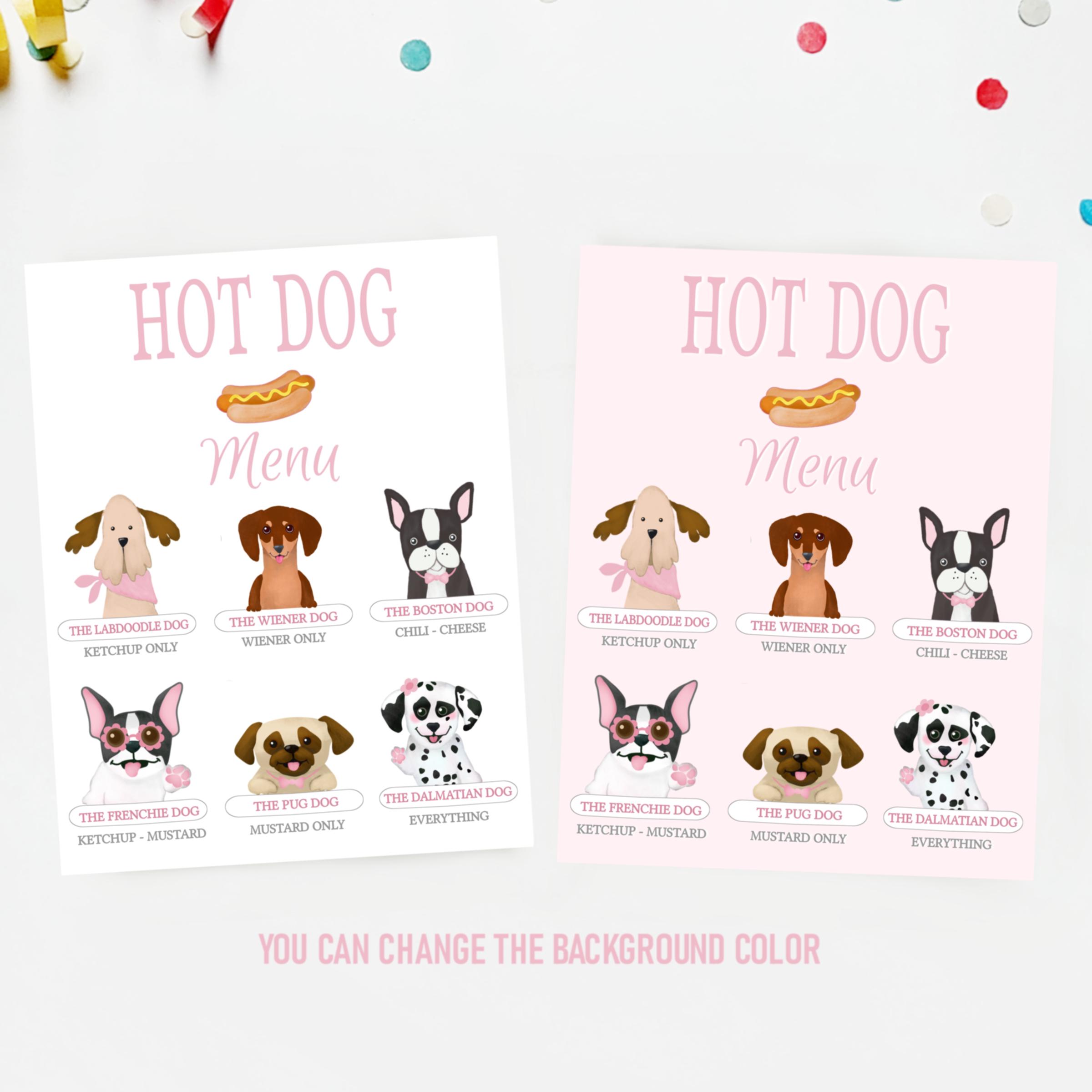 Hot Dog Menu Sign for Puppy Party Printable Dog Birthday Food Station ...