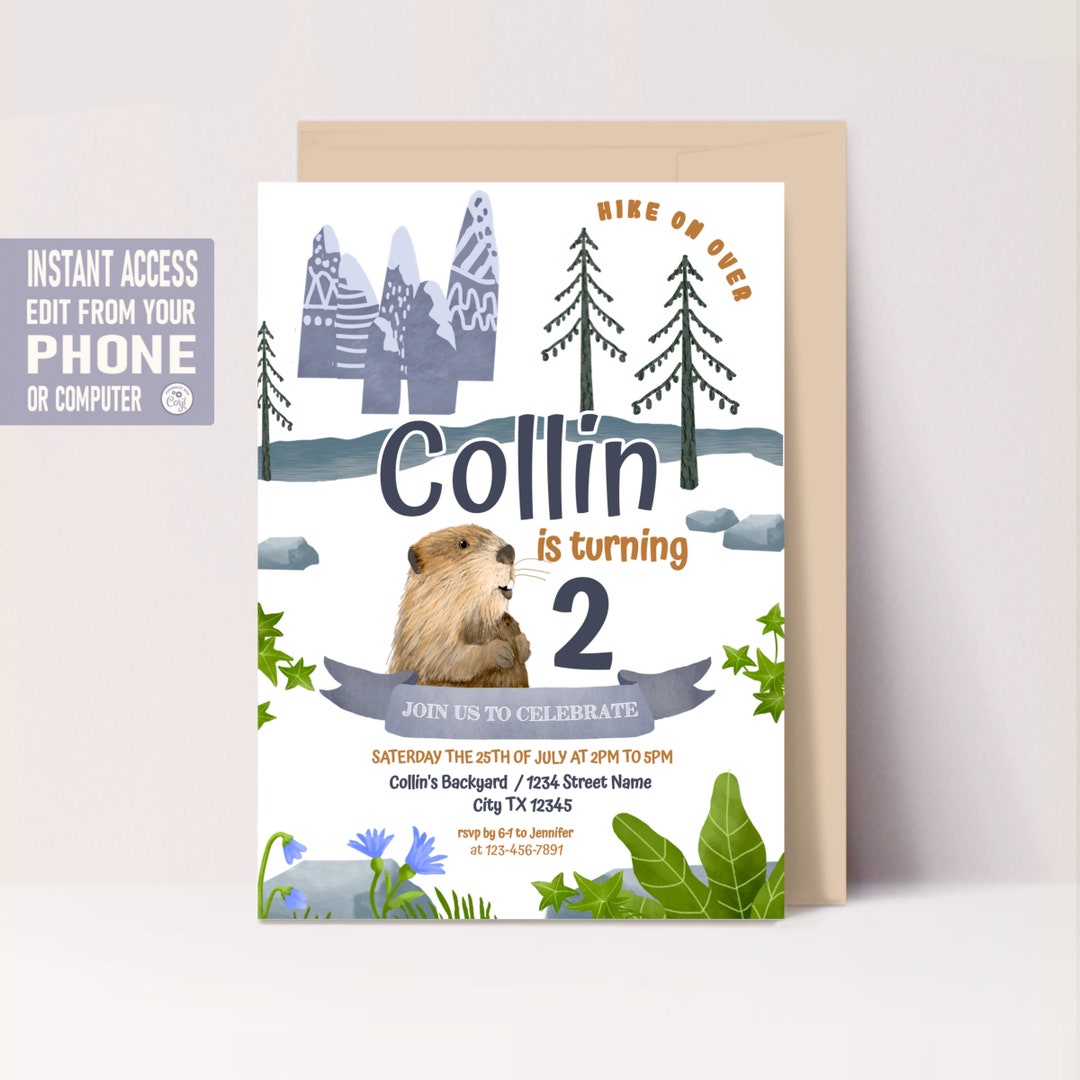 Beaver Invitation, Woodland Birthday Invitation, Mountain Themed Hand ...