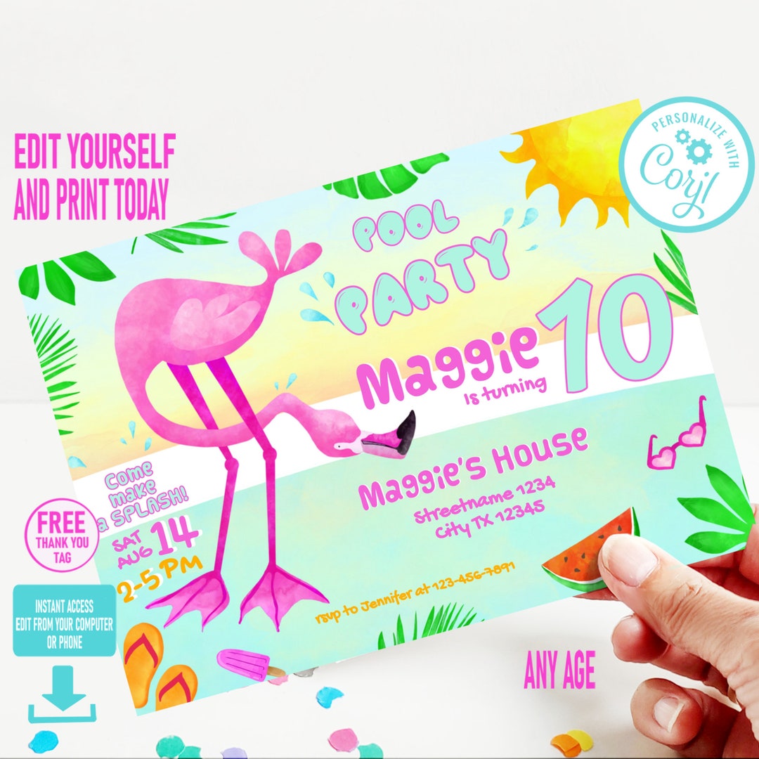 Editable Flamingo Pool Party Invitation, Girl Summer Birthday Invite ...