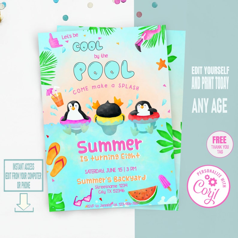 Penguin Pool Party Invitation Girl Beach Party Invite Splish - Etsy