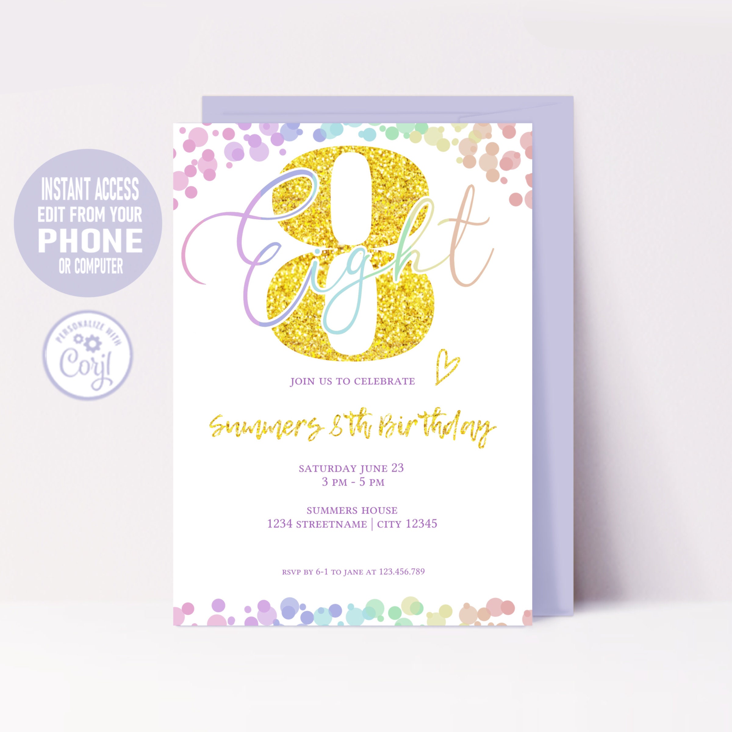 Editable 8th Birthday Invitation, Gold Glitter Eighth Party Invite for ...