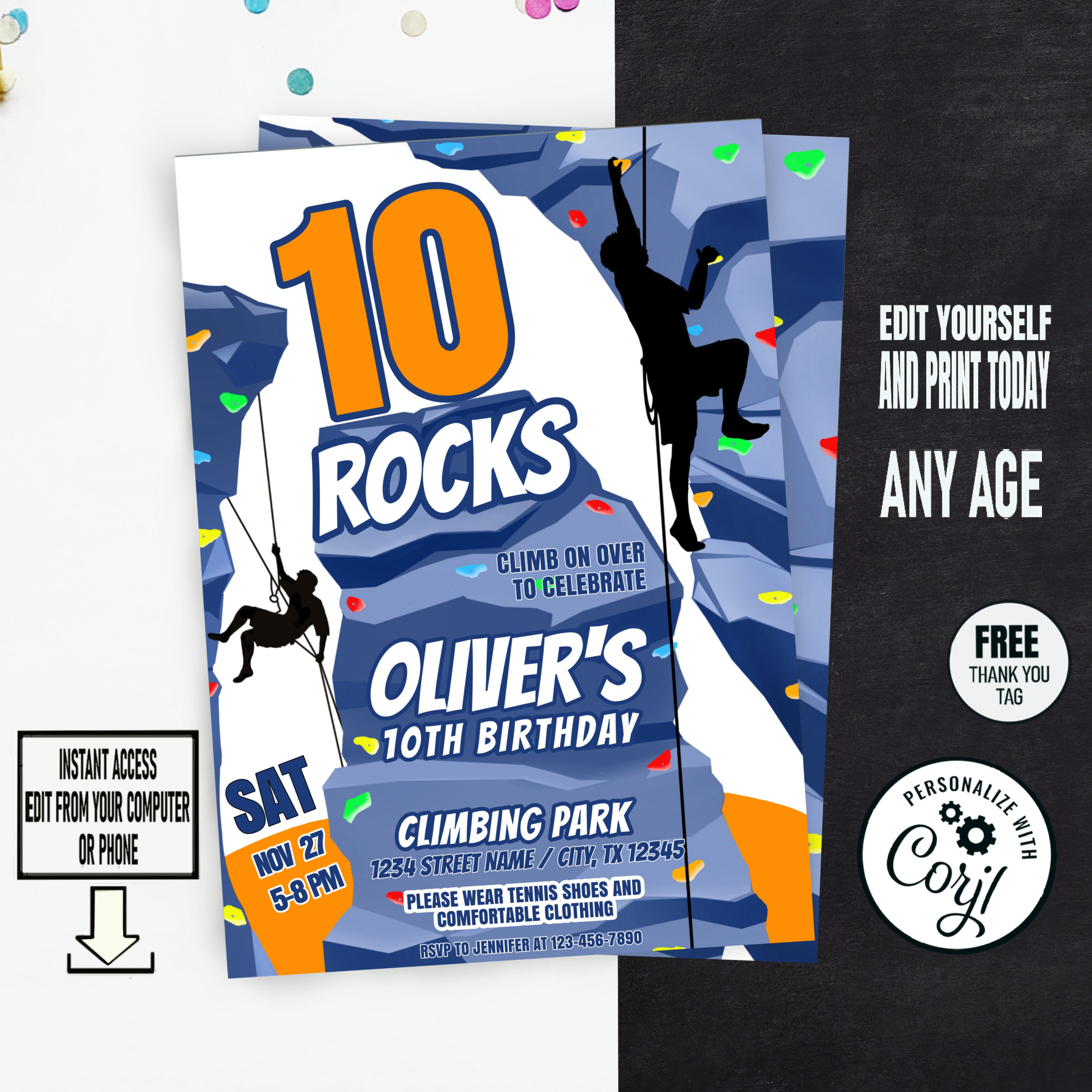 Rock Climbing Birthday Invitation, Boys Climber Invite, Editable With ...