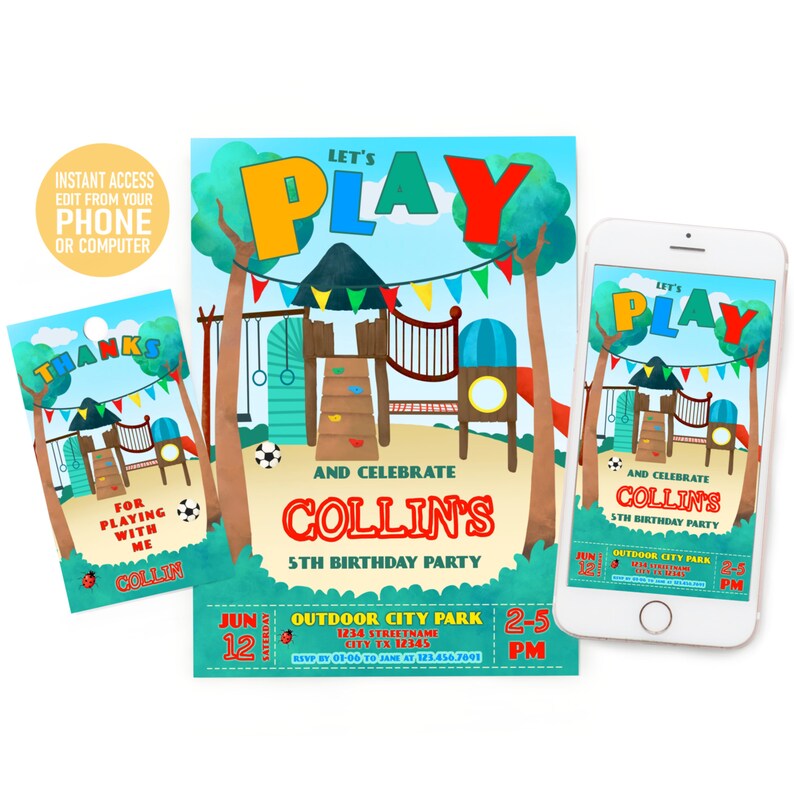 Editable Park Party Invitation Set, Playground Party Invite, Outdoor ...