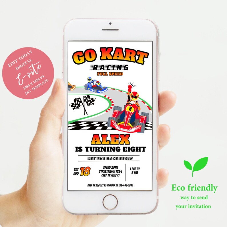 Boys Go Kart Birthday Party Invitation Editable Race Car Design Go-cart ...