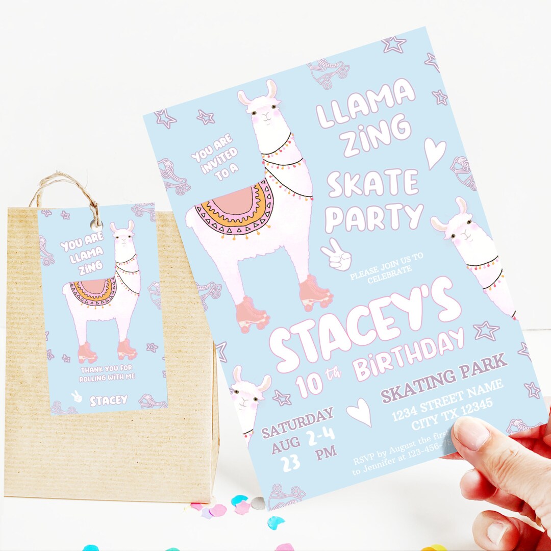 Roller Skate Birthday Invitation Featuring Funny Lamas on Roller Skates ...