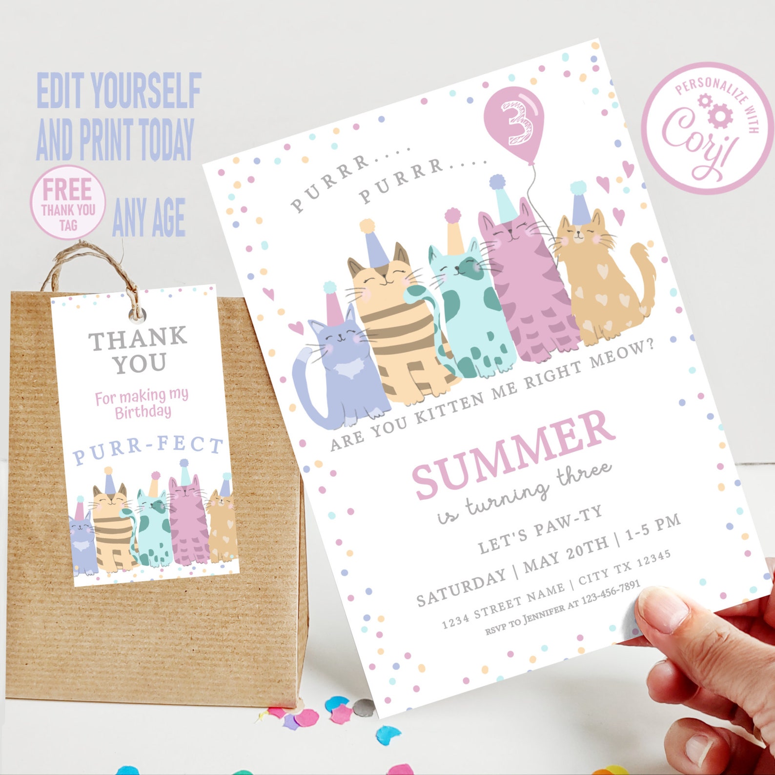 Cat Birthday Invitation, Lets Pawty Kitten Invitation, Cat Themed ...