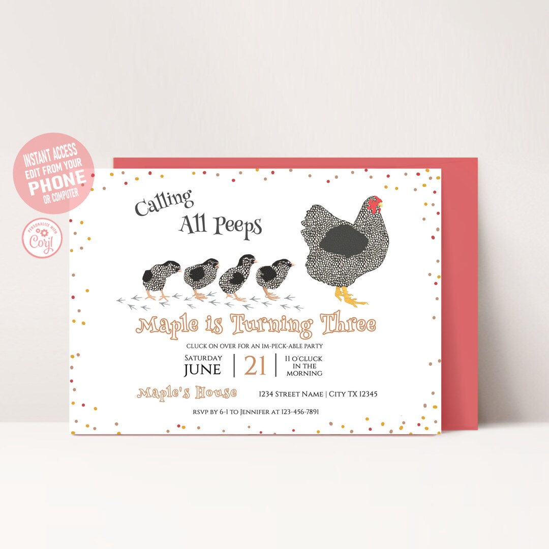 Chicken Birthday Invitation, Calling All Peeps, Farm Themed Animal ...