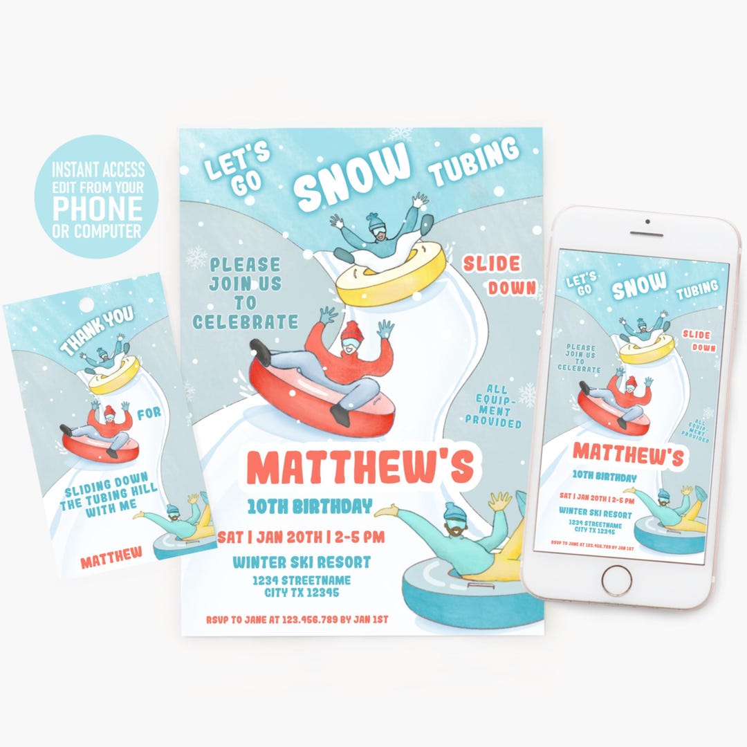 Editable Snow Tubing Birthday Party Invite for Boys Dry Slope Winter ...