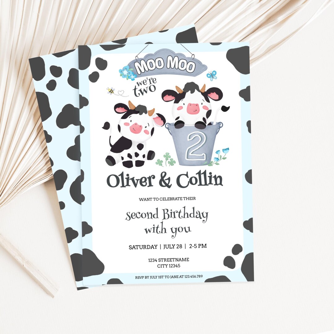 Editable Moo Moo We're TWO 2nd Second Birthday Invitation Twin Boys ...