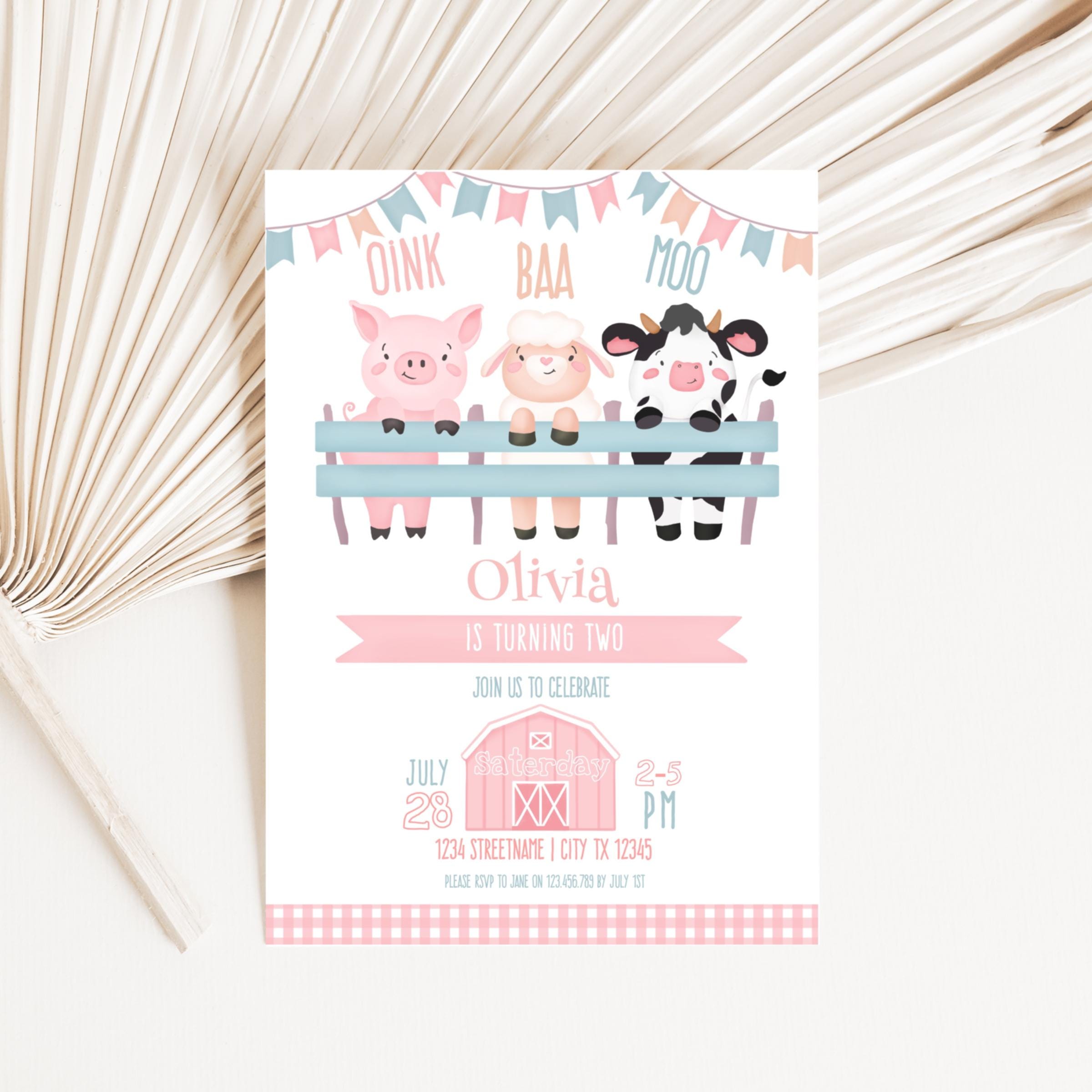 Editable Oink Baa Moo Im Two Invitation Set for Girl, Pink Farmyard ...