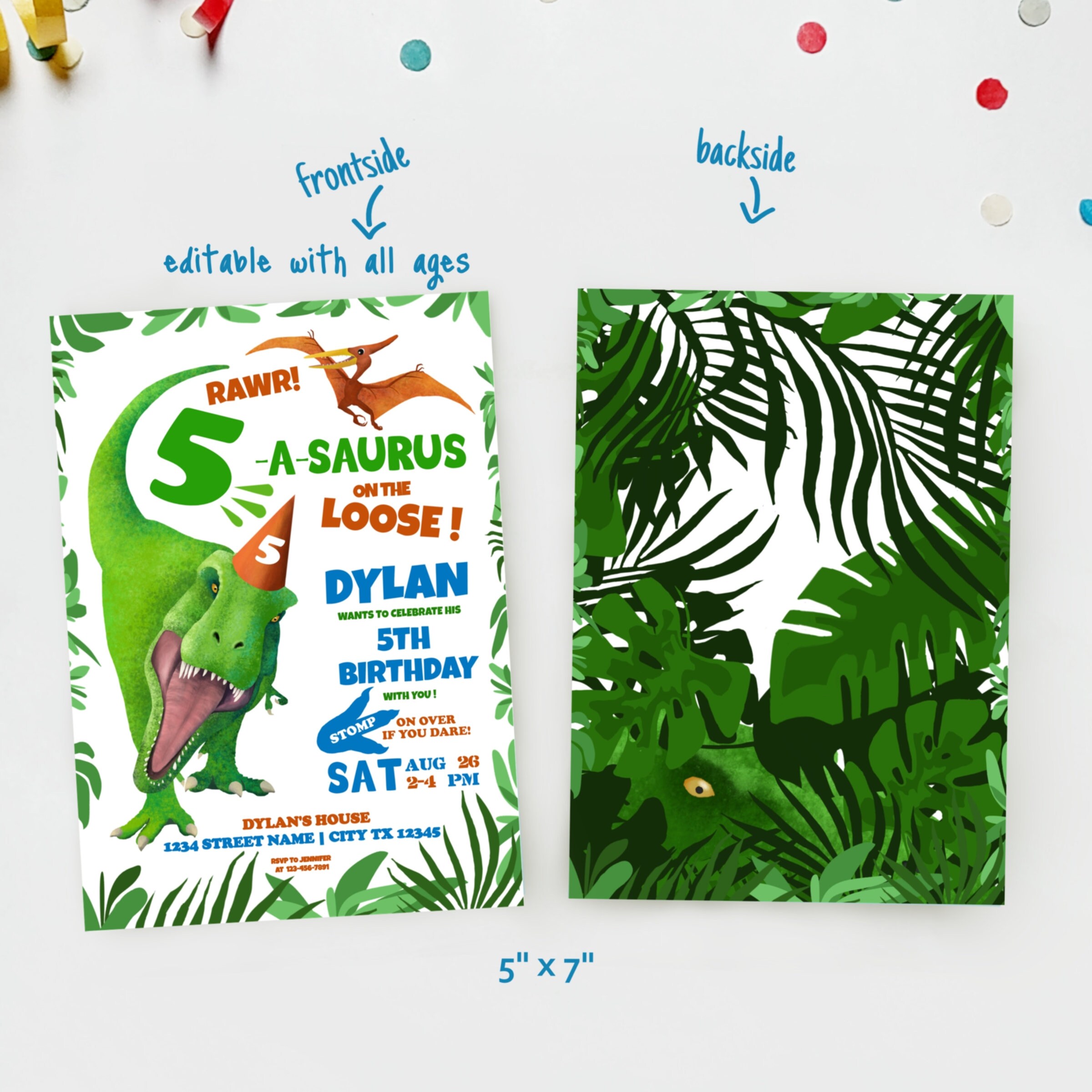 Five a Saurus Birthday Invitation Editable Dinosaur Invite Green T-rex ...