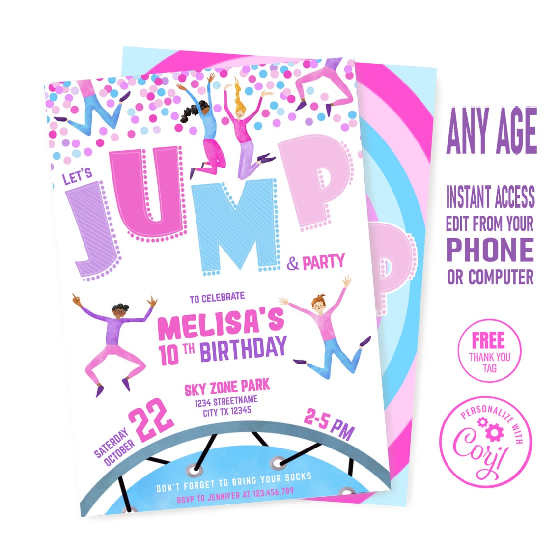 Trampoline Park Birthday Invitation Urban Air Jump Invite for Girls ...