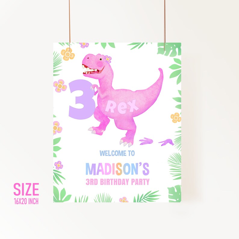 Pink Three Rex Welcome Sign, Girl 3rd Birthday Dinosaur Party Decor ...