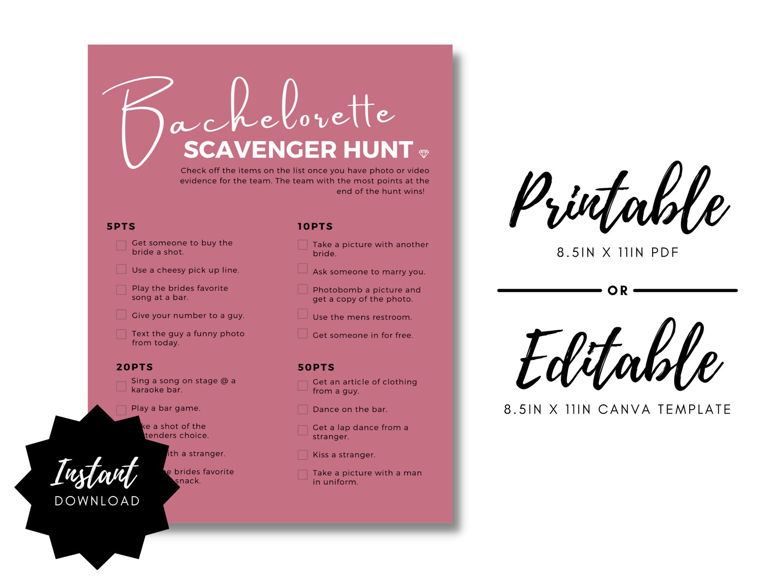 Bachelorette Game - Scavenger Hunt - PRINTABLE CANVA TEMPLATE - Instant ...