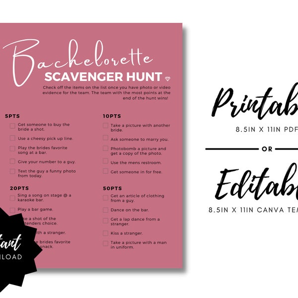 Bachelorette Game Scavenger Hunt PRINTABLE CANVA TEMPLATE Instant ...