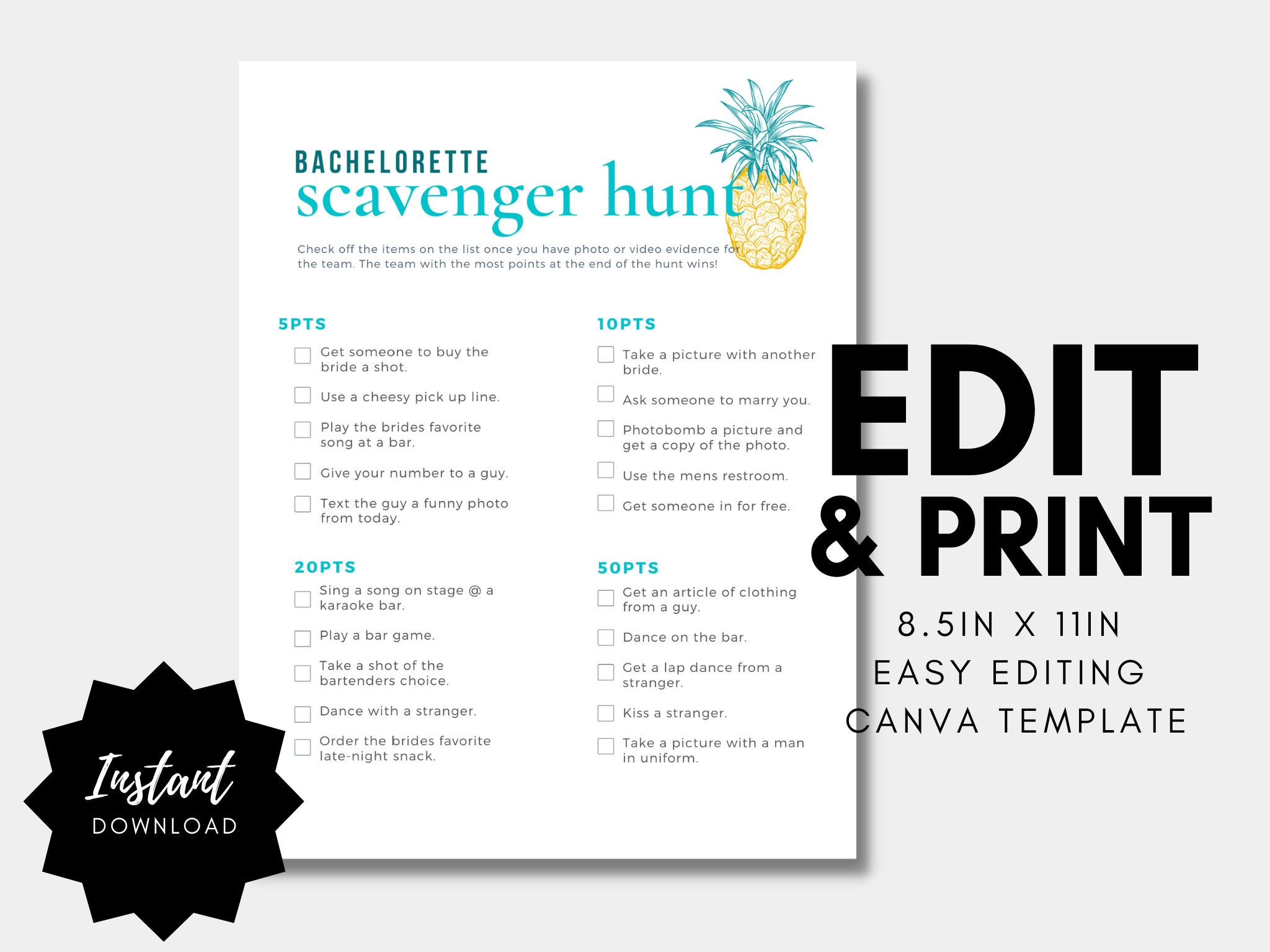 Bachelorette Game - Scavenger Hunt - PRINTABLE CANVA TEMPLATE - Instant ...