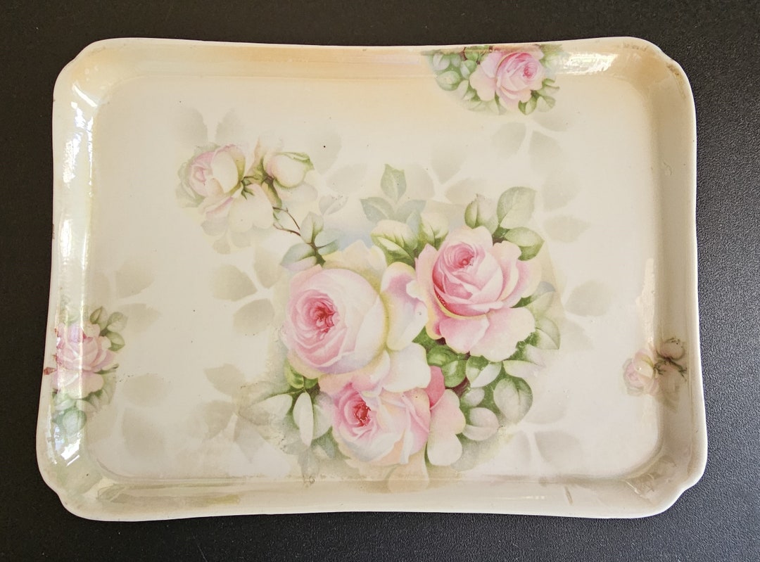 Porcelain Vanity Rectangular Tray Pink Roses Cottage Chic Shabby ...
