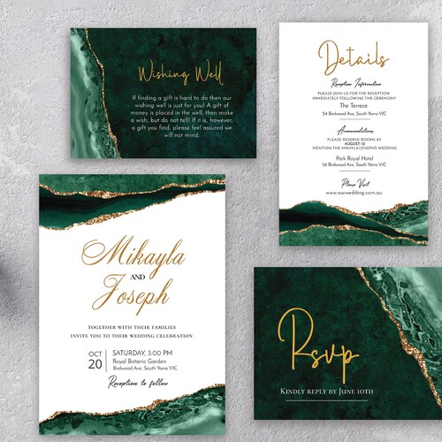 Emerald and Gold Floral Wedding Invitation Set Printable Deep - Etsy