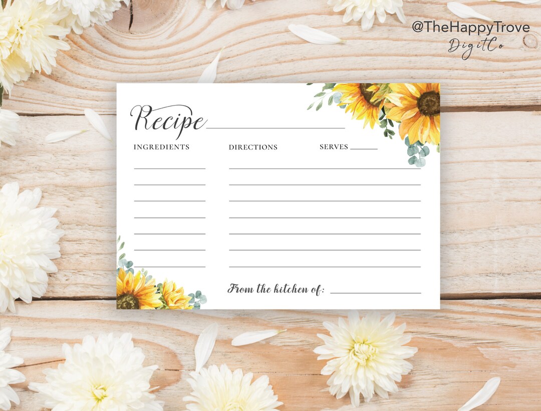 Sunflower Recipe Card, Bridal Shower Game, Editable Instant Download ...