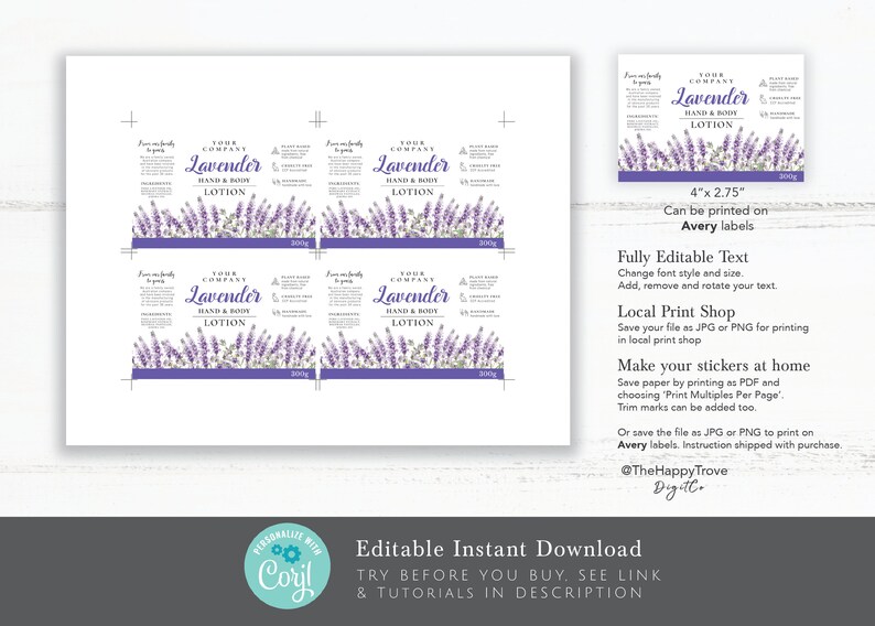 Lavender Product Label, Editable Digital Instant Download, Template PU1 ...