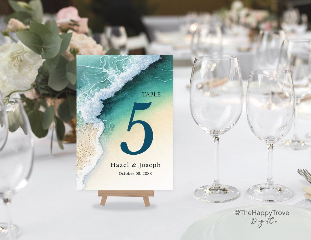 GENY Beach Themed Table Number Sign, Waves, Sea Foam, Ocean, Aqua ...