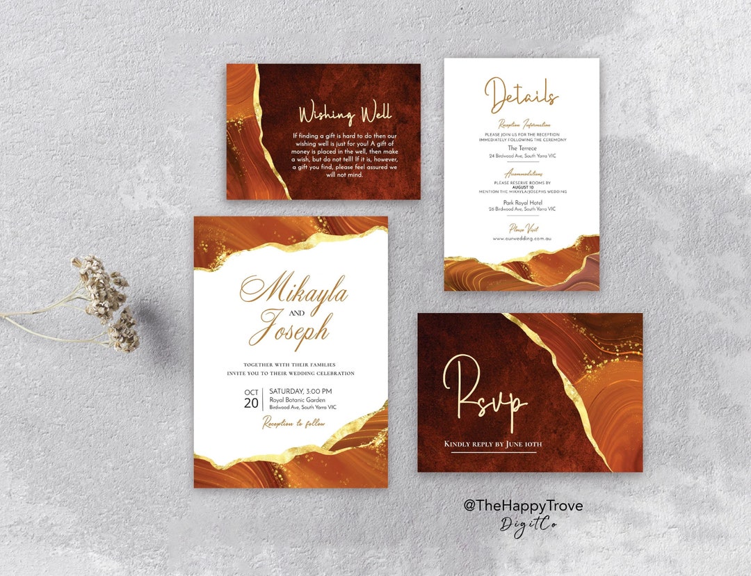 ALANI Maroon, Burnt Orange & Gold Wedding Invite Set, Moody Autumn ...