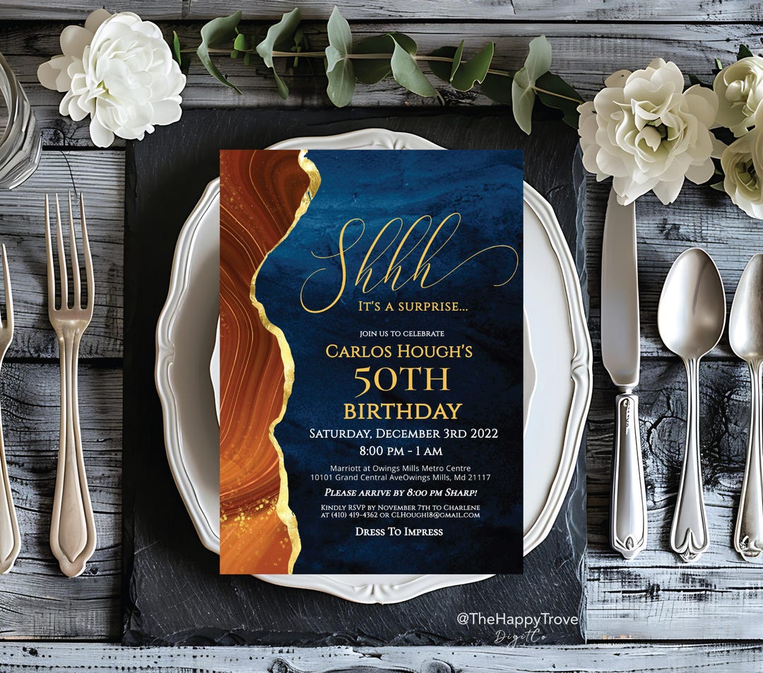 ALANI NAVY Burnt Orange, Navy Blue and Gold Birthday Invite 40th 50th ...