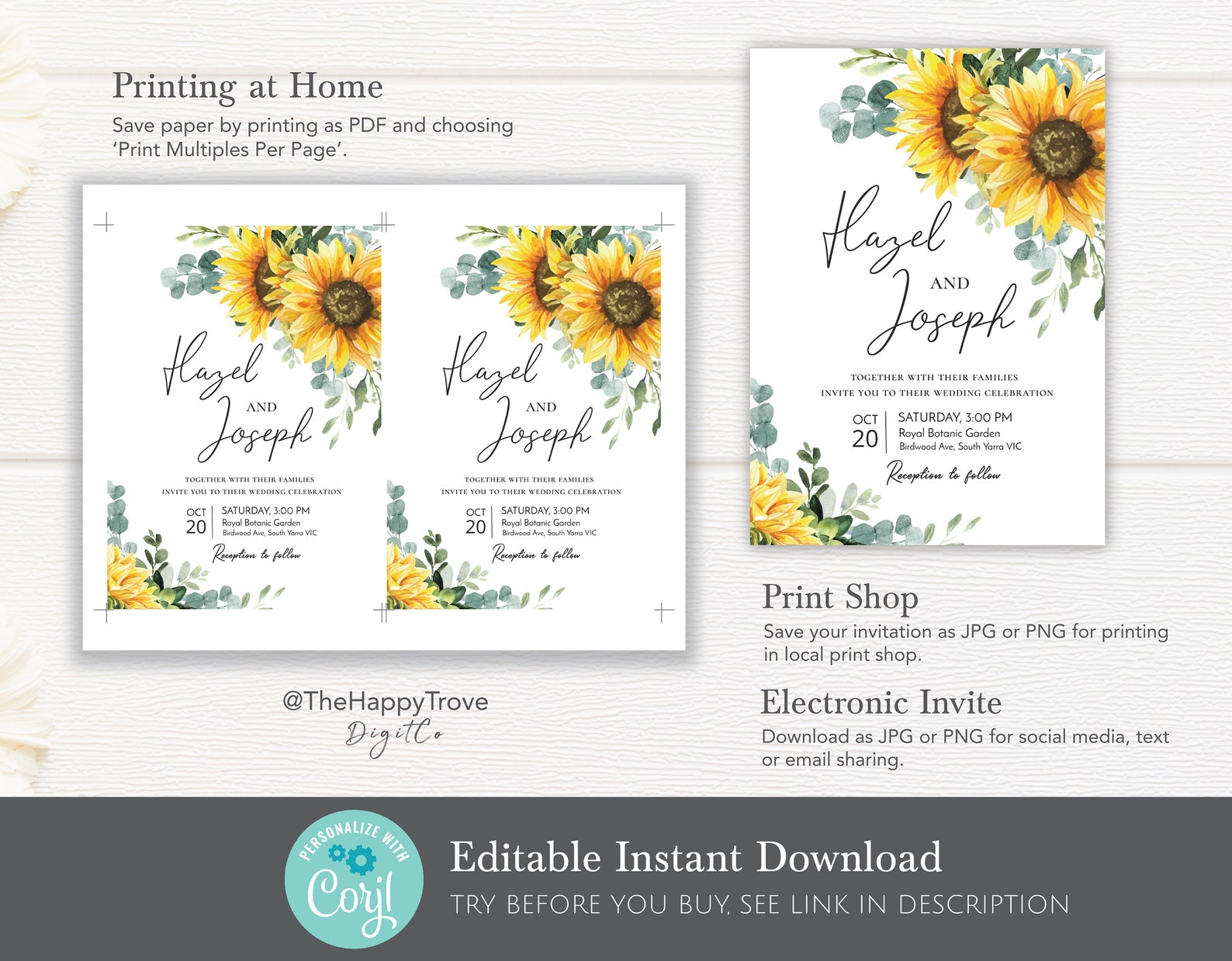 Sunflower Themed Printable Wedding Invitation Set Editable - Etsy