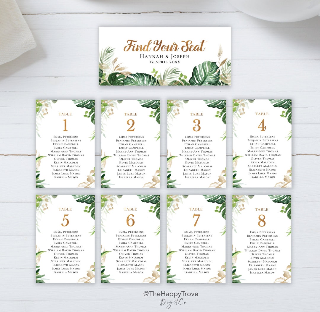 Tropical Wedding Seating Chart: Gold Leaf, Find Your Seat (digital ...