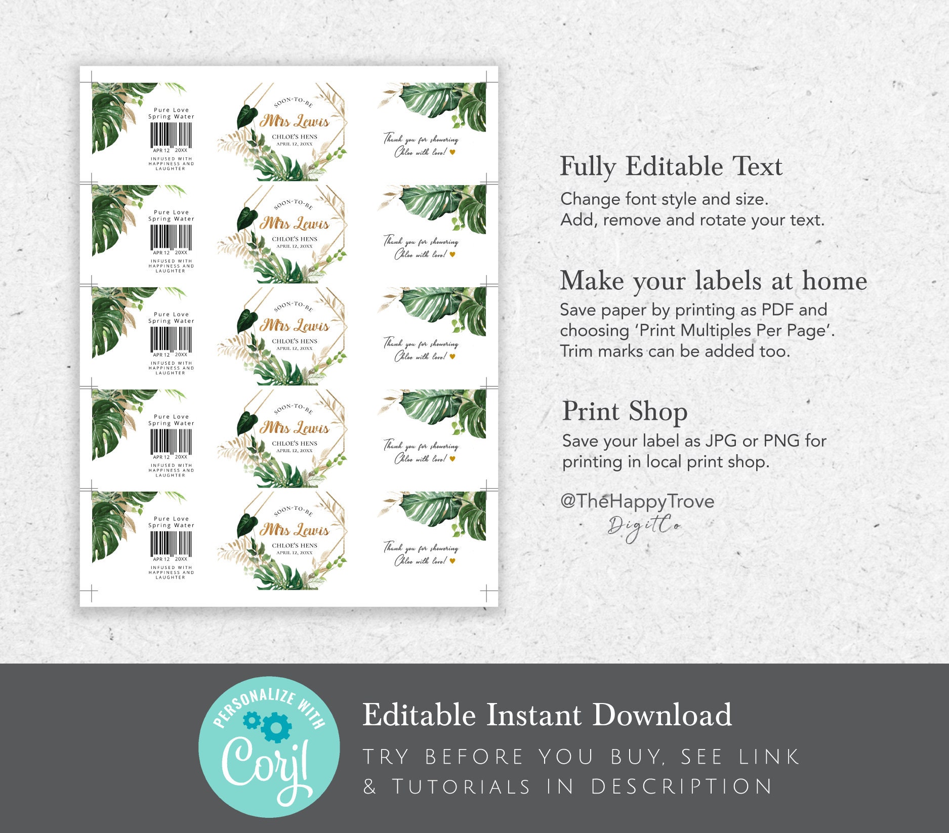 Tropical & Gold water bottle label editable digital instant | Etsy