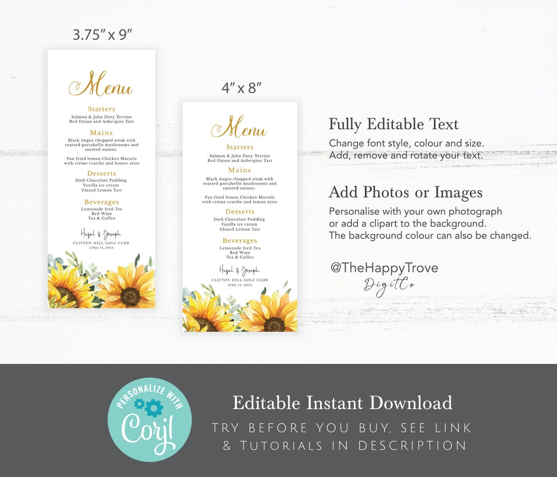 Sunflower Menu Editable Digital Instant Download Template | Etsy