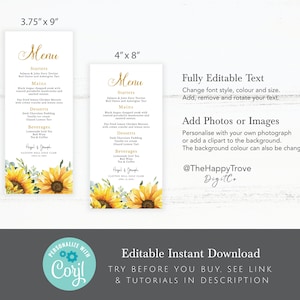 Sunflower Menu, Editable Digital Instant Download, Template 3.75"x9", 4 ...
