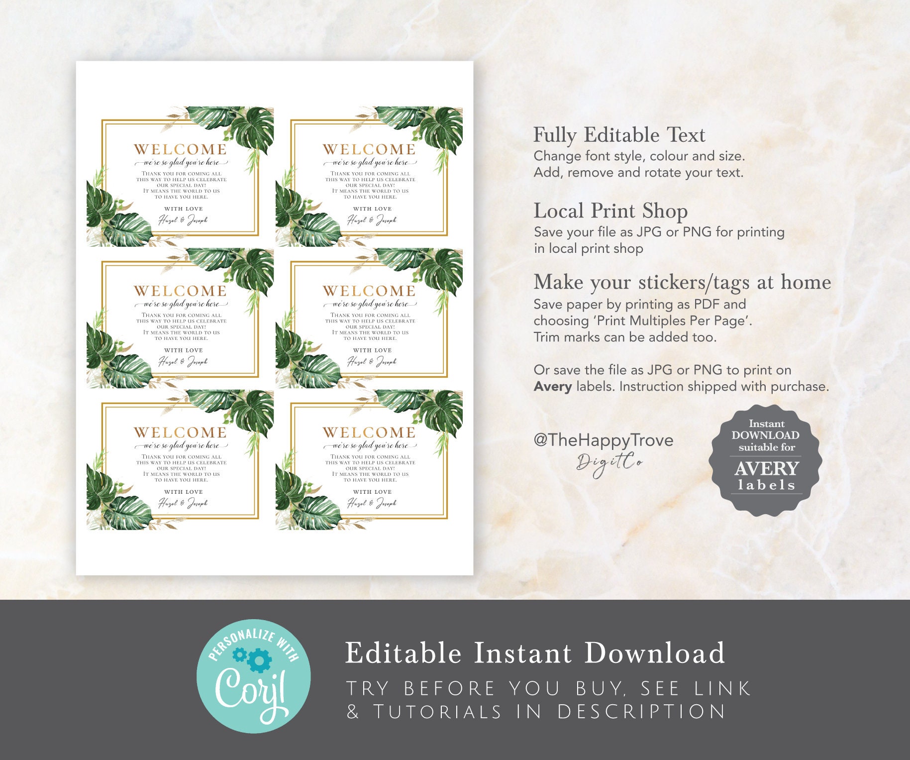 Tropical & Gold Themed Welcome Bag Sticker, Digital Instant Download ...