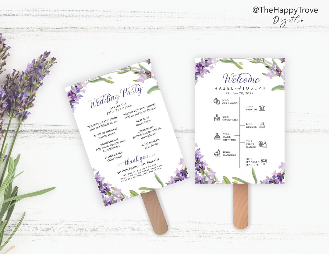Lavender Wedding Program Fan: Order of Events Template (digital ...
