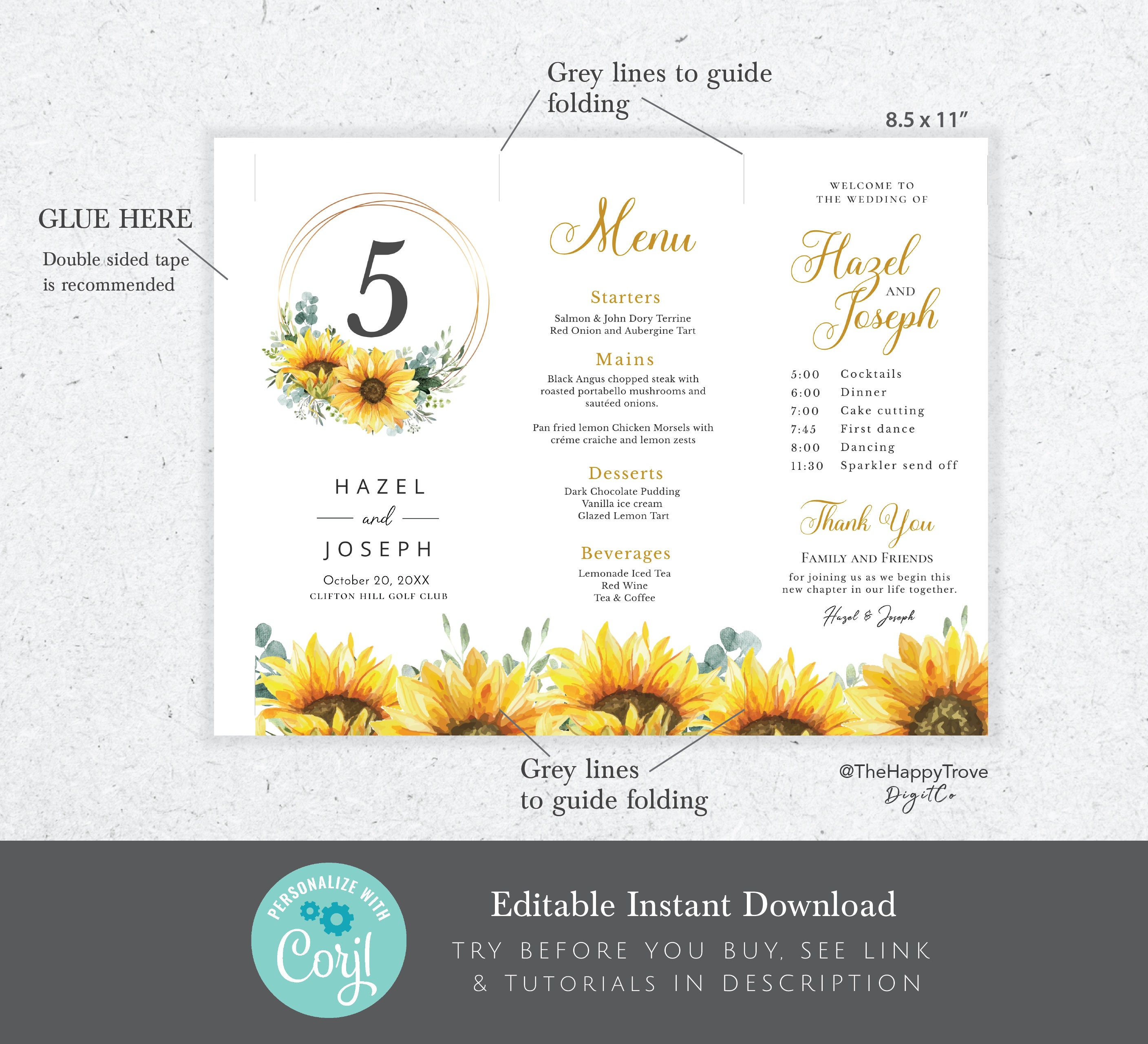 Sunflower Wedding Menu Template: Tri-fold Table Number (digital ...