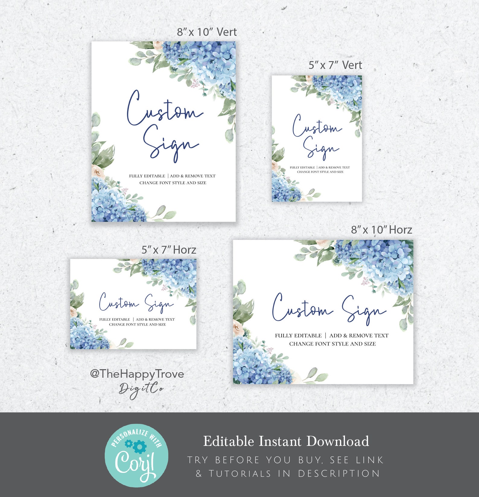 SINI Blue Hydrangea Custom Signs Editable Digital Instant - Etsy