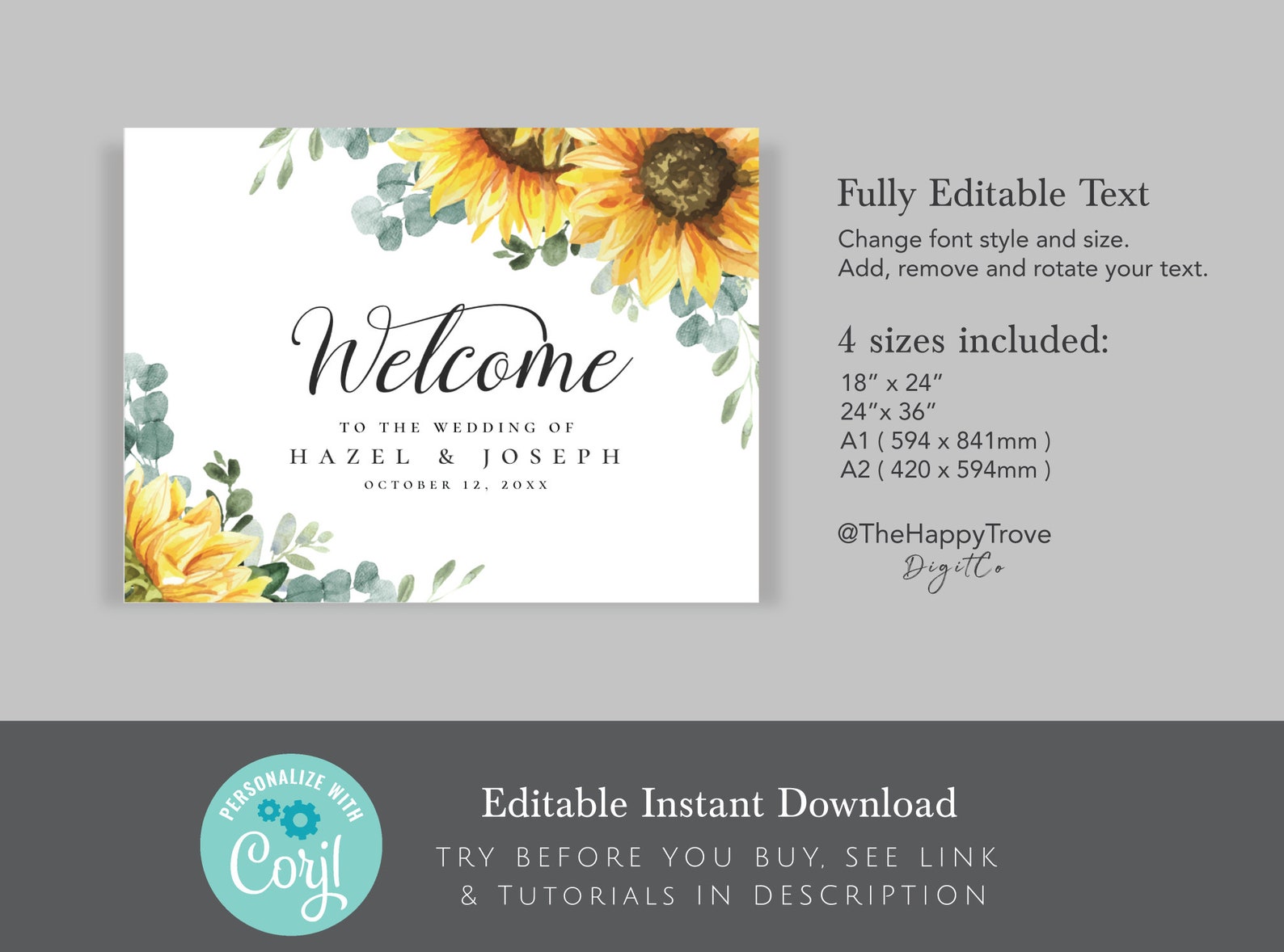 Sunflower Themed Welcome Sign Poster Editable Digital Instant | Etsy ...