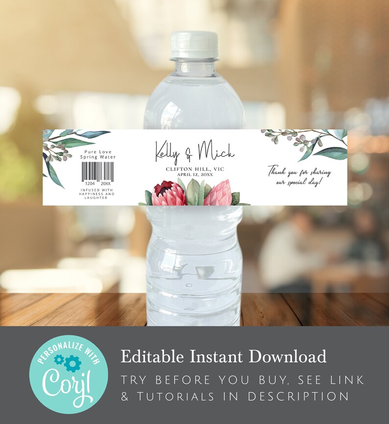 Protea Themed Water Bottle Label Editable Digital Instant - Etsy