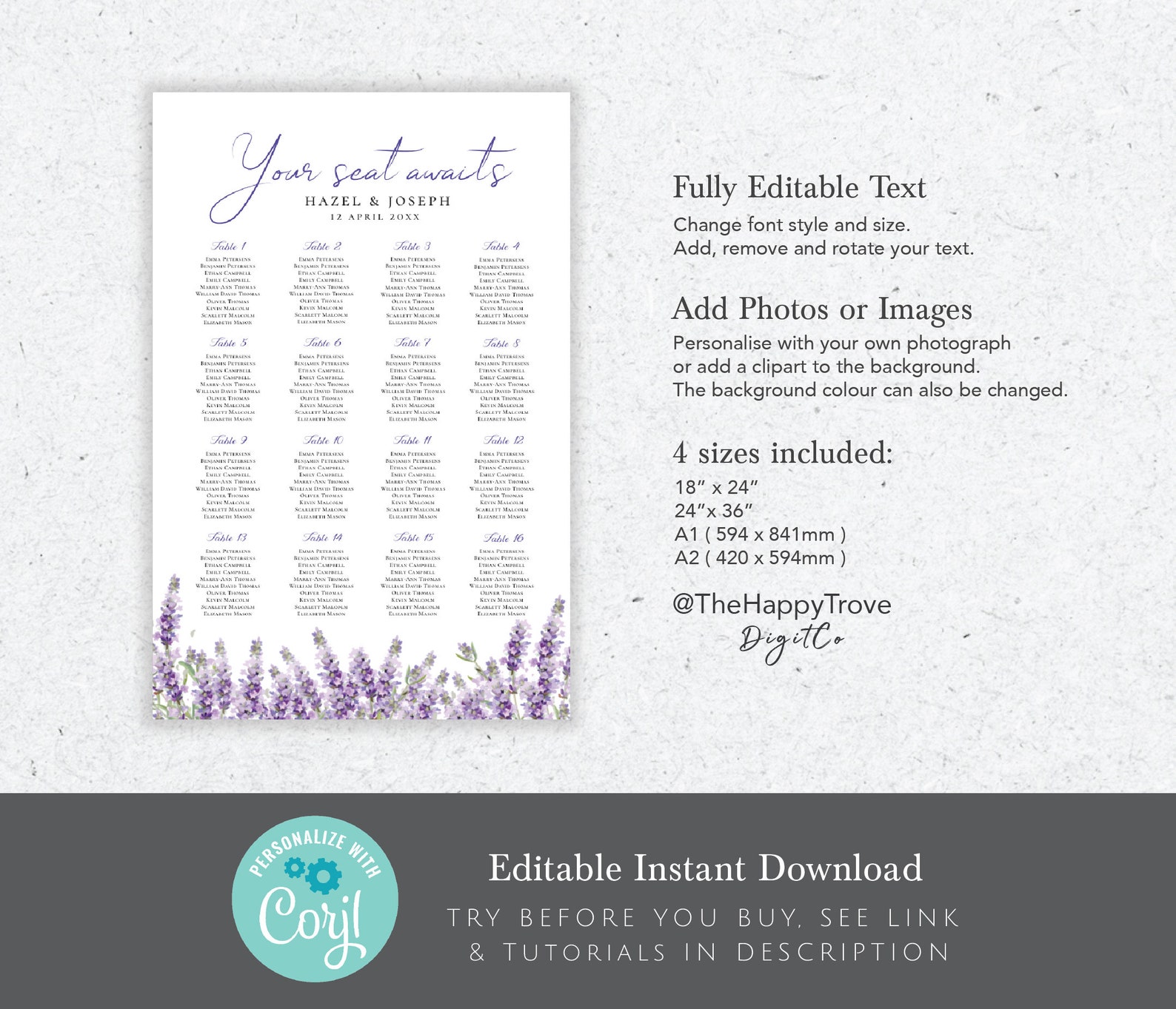 Lavender Seating Chart Sign Poster Editable Digital Instant | Etsy
