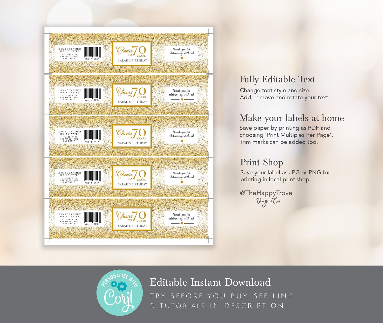 Gold Glitter Water Bottle Label, Editable Digital Instant Download ...