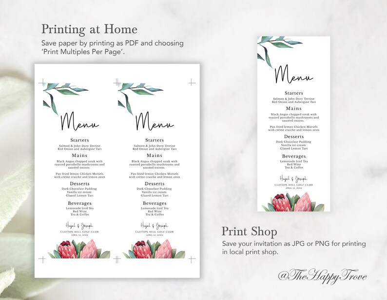 Protea Printable Menu Editable Digital Instant Download - Etsy Australia