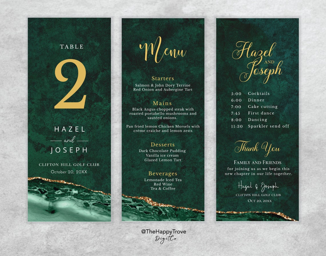 VERDA Emerald Green & Gold Tri-fold Menu Stand Table Number - Etsy