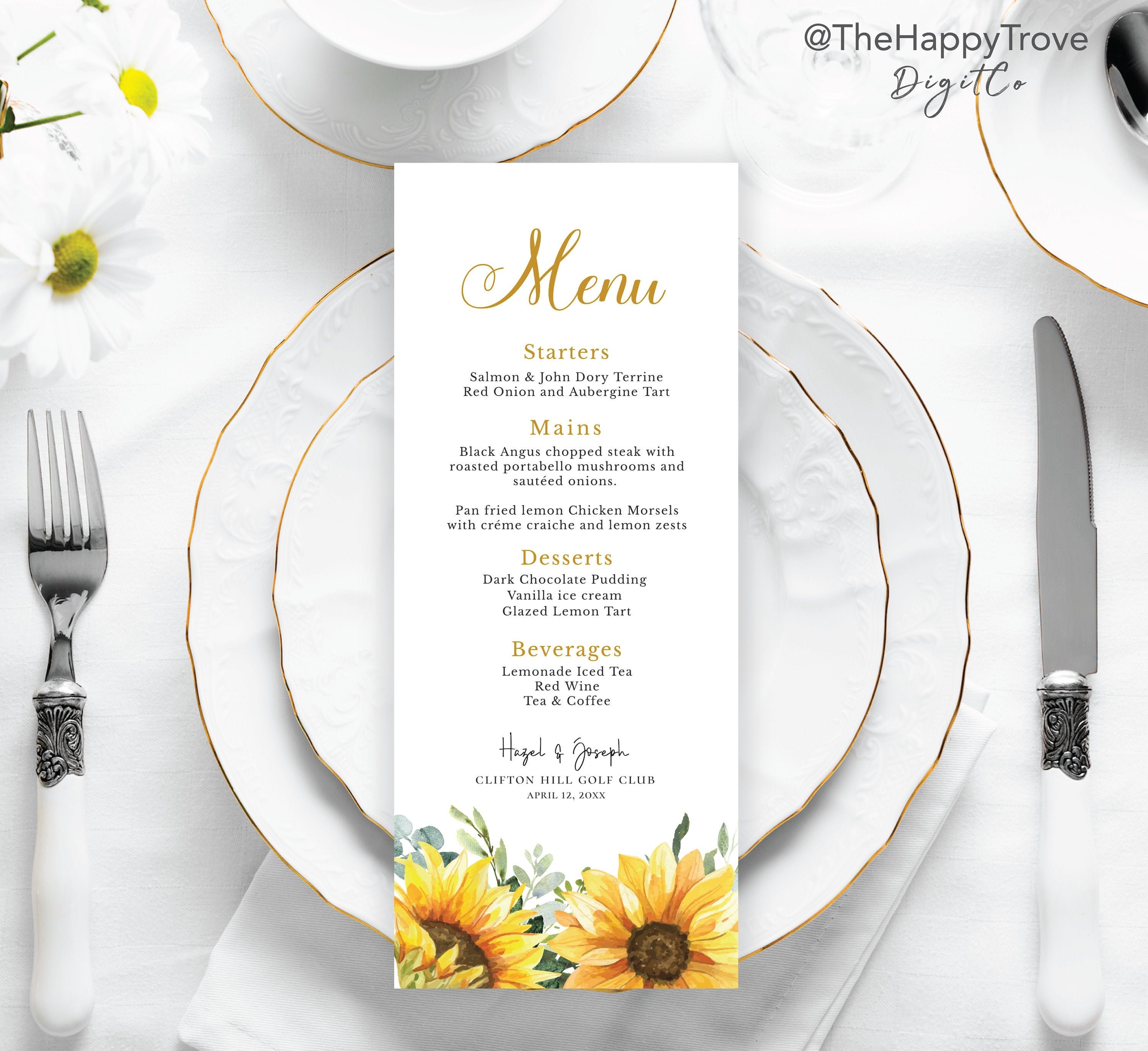Sunflower Menu Editable Digital Instant Download Template | Etsy