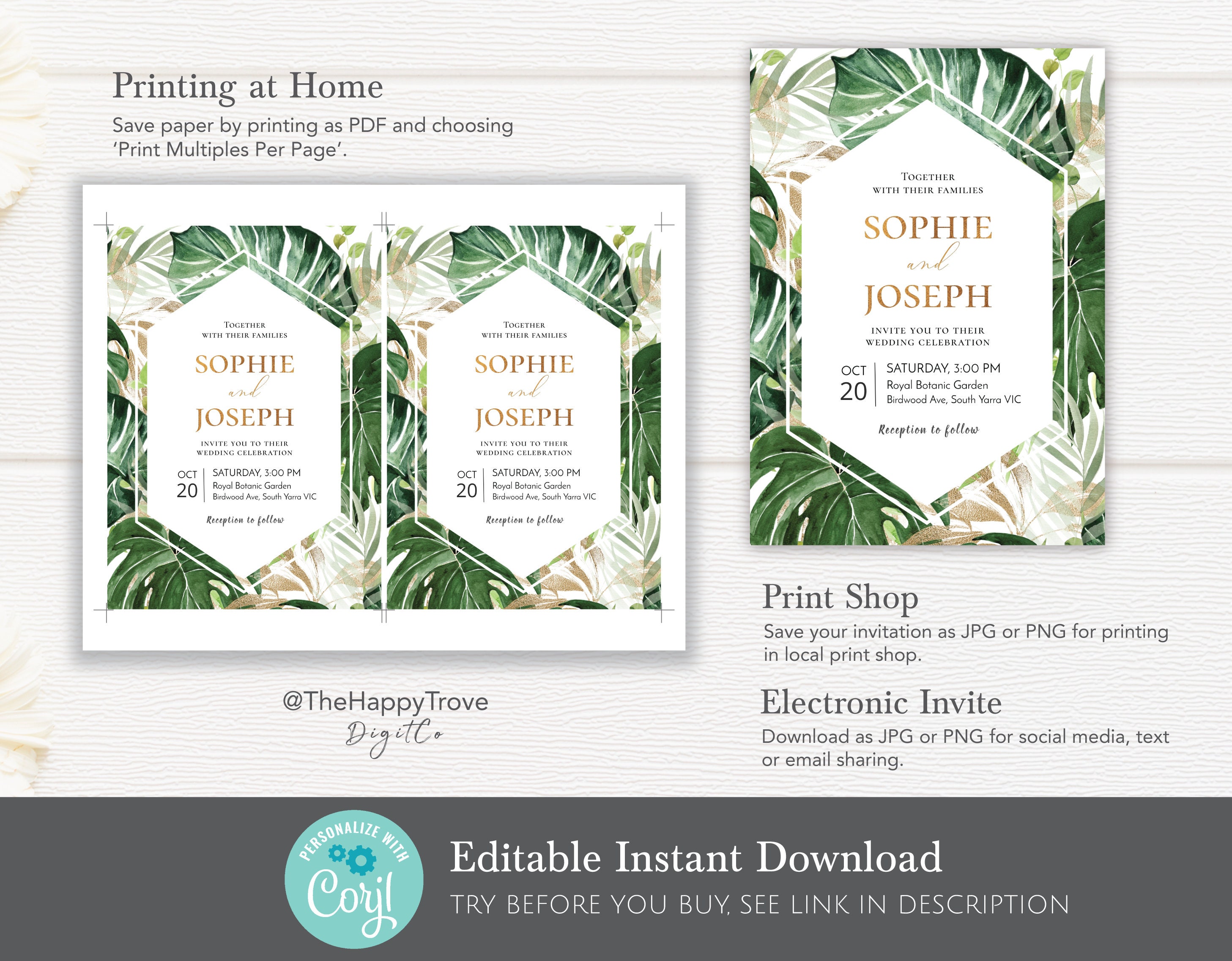 Tropical & Gold Themed Printable Wedding Invitation Set, Editable ...