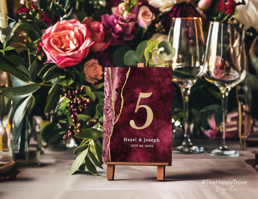 GRACE Burgundy & Gold Table Number Signs, Maroon Gold Table Sign ...