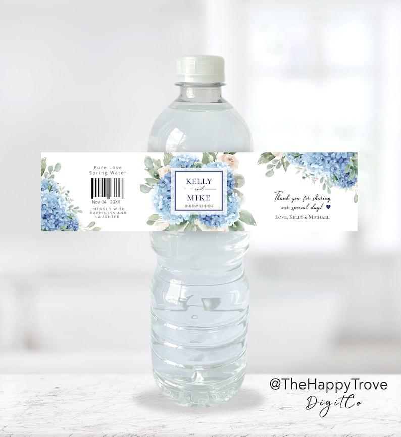 SINI Blue Hydrangea Water Bottle Label, Editable Digital Instant ...