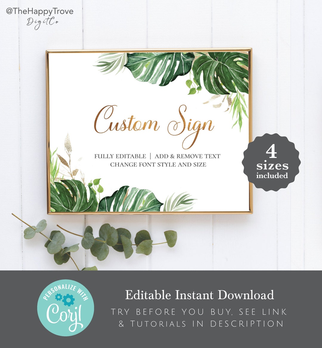 Tropical & Gold Custom Signs, Editable Digital Instant Download ...