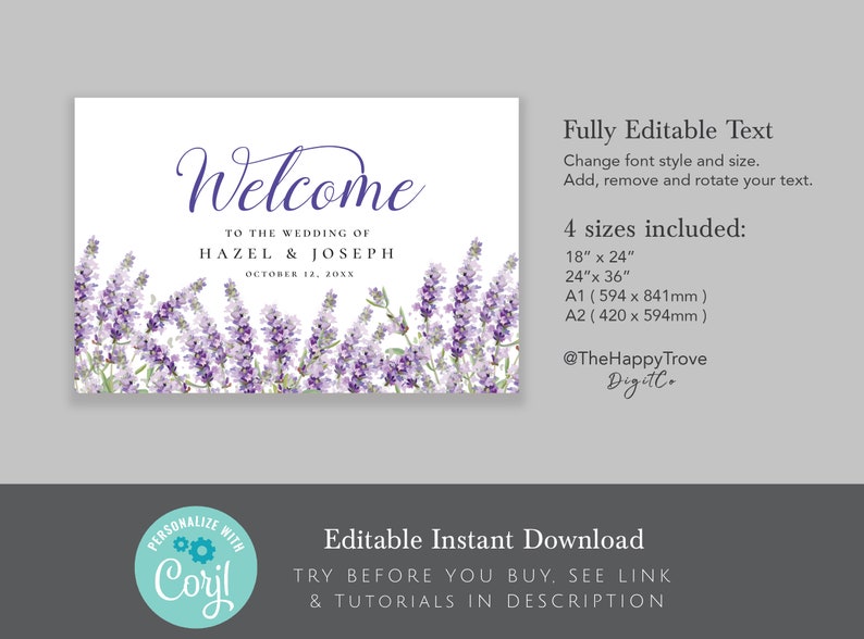 Lavender Wedding Welcome Sign: Editable Template (digital Download) PU1 ...