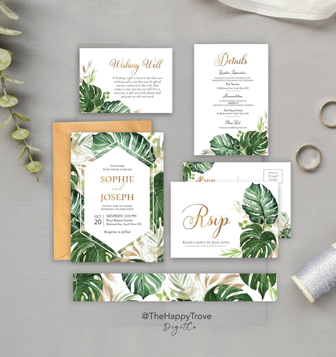 Tropical & Gold Themed Printable Wedding Invitation Set, Editable ...
