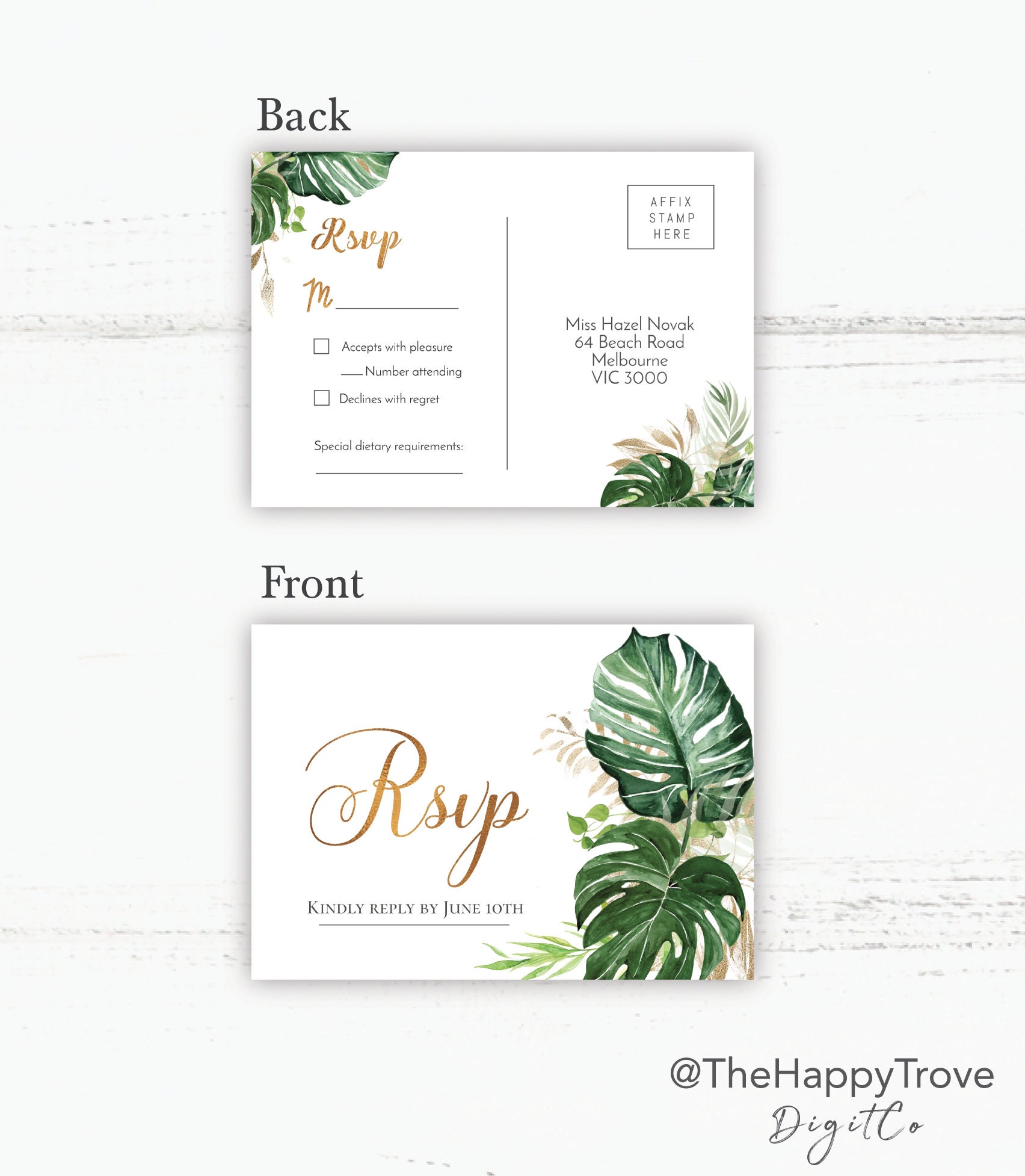 Tropical & Gold Themed Printable Wedding Invitation Set, Editable ...